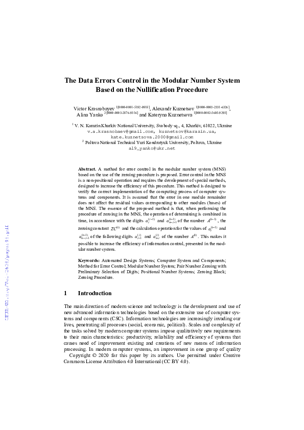 (PDF) Data Errors Control in the Modular Number System Based on the Nullification Procedure