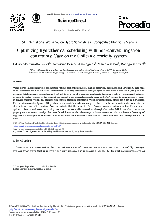 Pdf Optimizing Hydrothermal Scheduling With Non Convex Irrigation Constraints Case On The