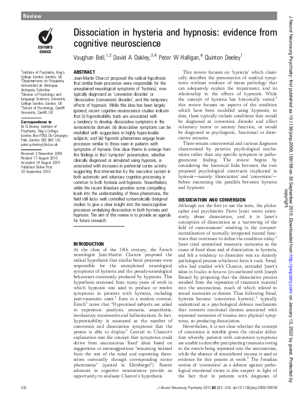 (PDF) Dissociation in hysteria and hypnosis: evidence from cognitive ...