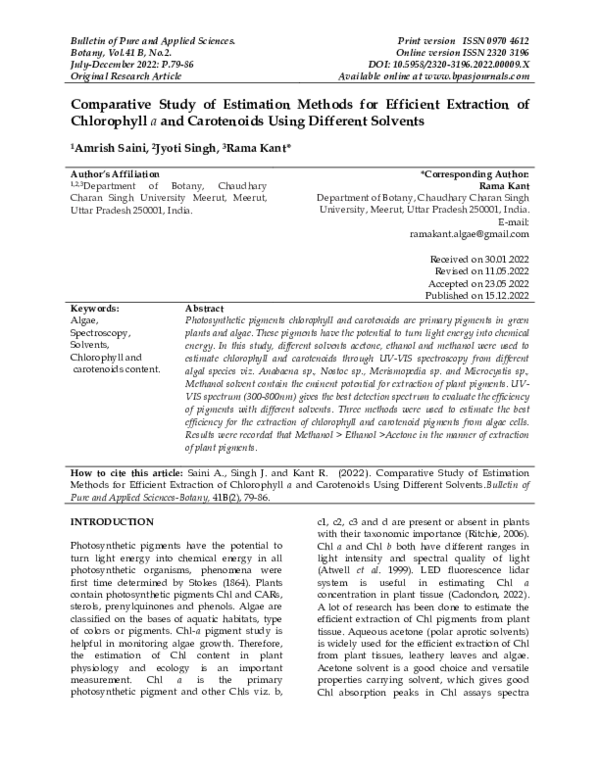 (PDF) Comparative Study of Estimation Methods for Efficient Extraction of Chlorophyll a and ...