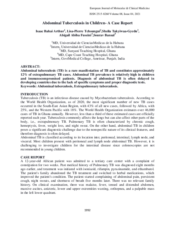 (PDF) Abdominal Tuberculosis in Children- A Case Report