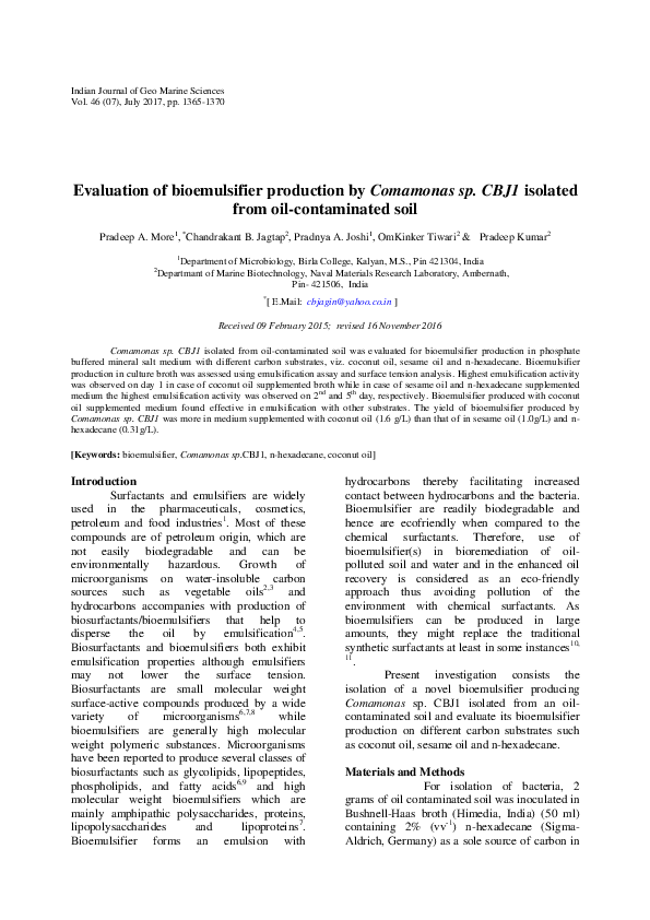 (PDF) Evaluation of bioemulsifier production by Comamonas sp. CBJ1 ...