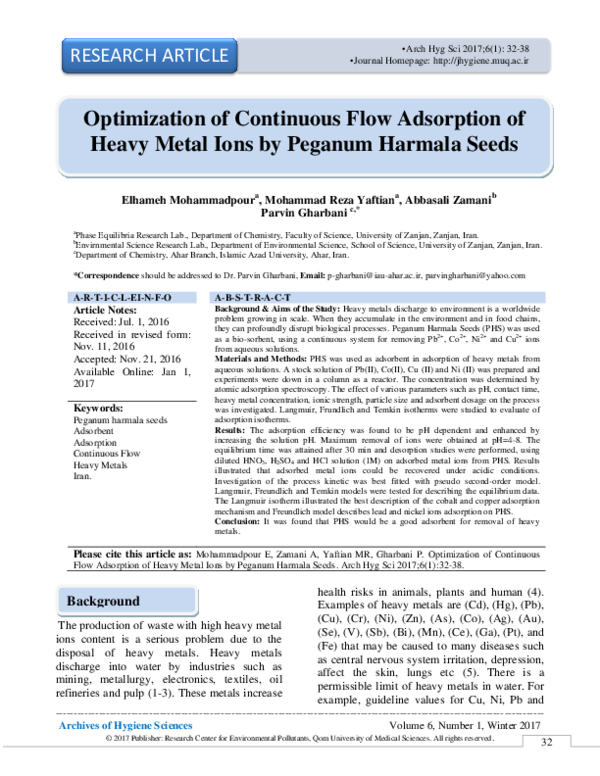 (PDF) Optimization of Continuous Flow Adsorption of Heavy Metal Ions on Continuous System Column ...