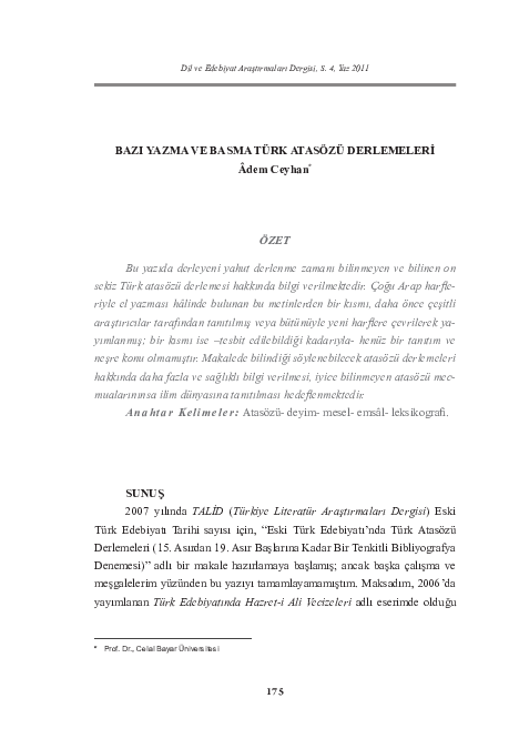 (PDF) Bazi Yazma Ve Basma Türk Atasözü Derlemeleri̇