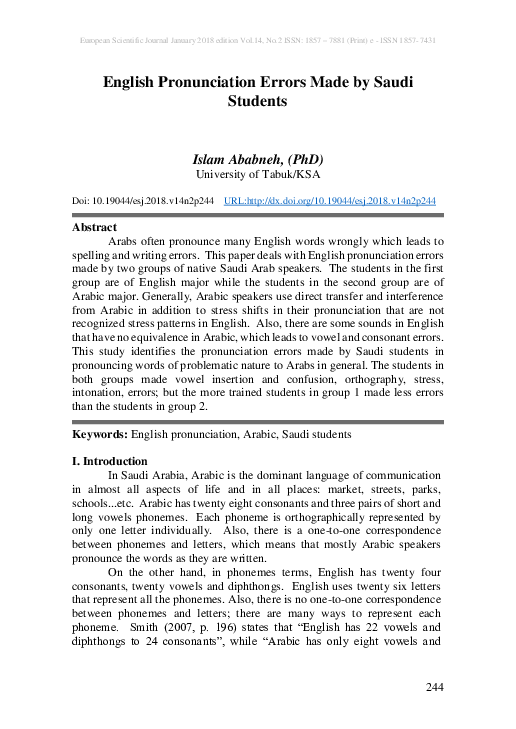 (PDF) English Pronunciation Errors Made by Saudi Students