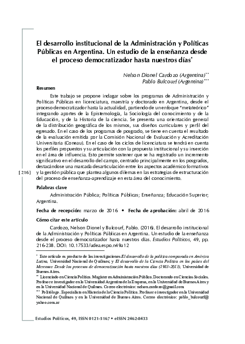 (PDF) El desarrollo institucional de la Administración y Políticas Públicas en Argentina. Un ...