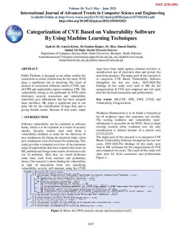 (PDF) Categorization of CVE Based on Vulnerability Software By Using Machine Learning Techniques