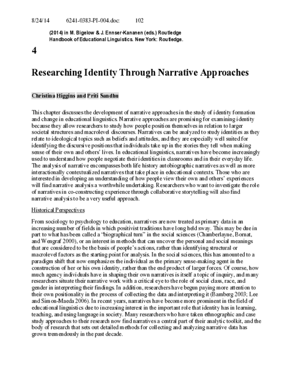 (PDF) Researching Identity Through Narrative Approaches