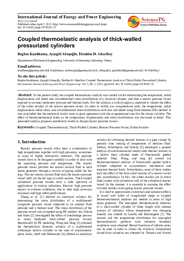Pdf Coupled Thermoelastic Analysis Of Thick Walled Pressurized Cylinders