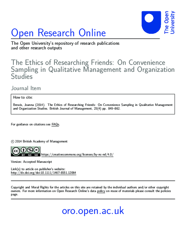 (PDF) The Ethics of Researching Friends: On Convenience Sampling in ...