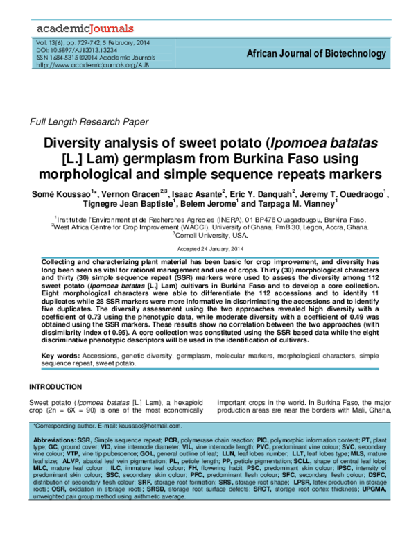 (PDF) Diversity analysis of sweet potato (Ipomoea batatas [L.] Lam) germplasm from Burkina Faso ...
