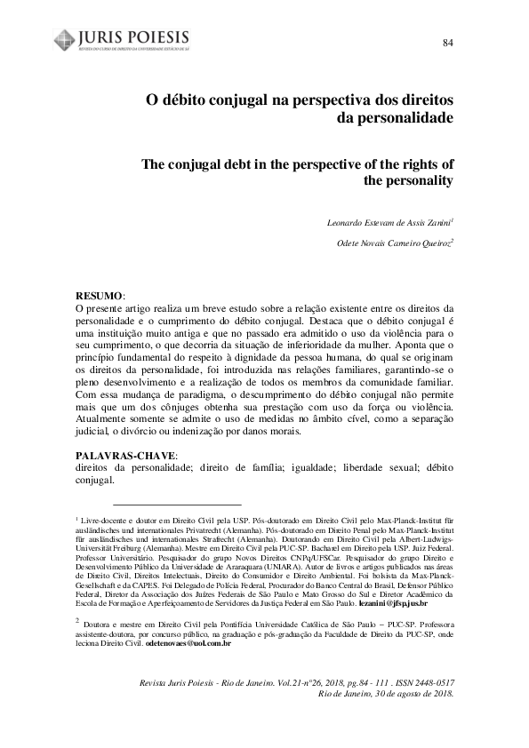 (PDF) O débito conjugal na perspectiva dos direitos da personalidade