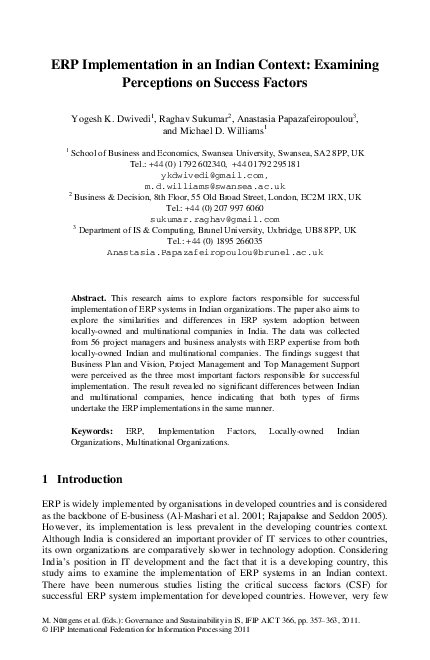 Pdf Erp Implementation In An Indian Context Examining Perceptions On