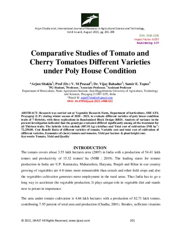 (PDF) Comparative Studies of Tomato and Cherry Tomatoes Different Varieties under Poly House ...