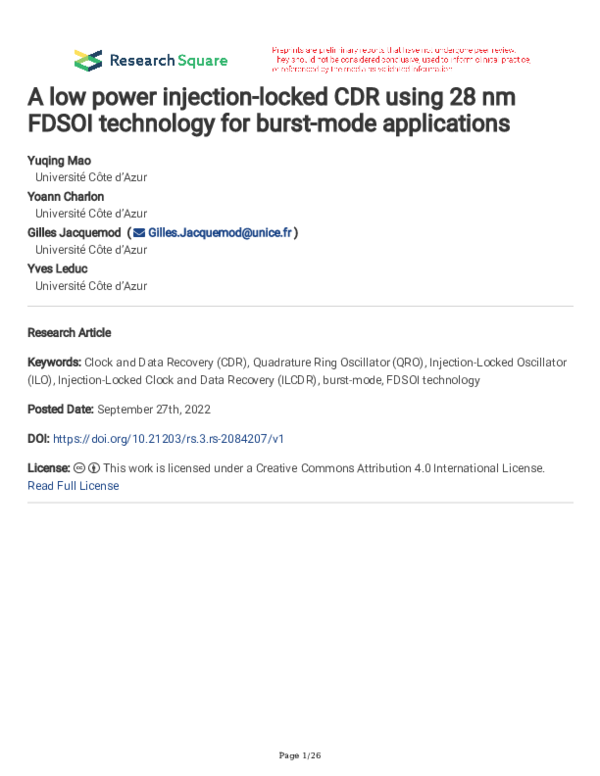 (PDF) A low power injection-locked CDR using 28 nm FDSOI technology for ...