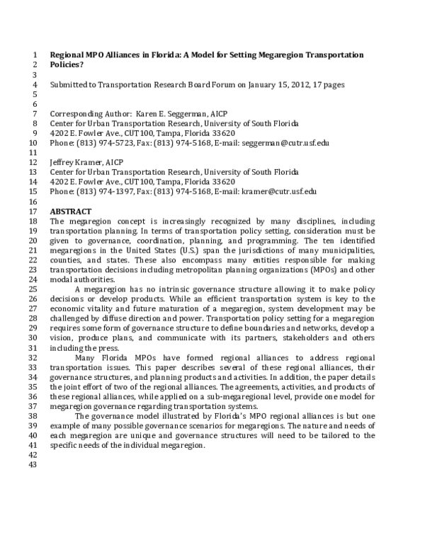 (PDF) MPO Alliances for Megaregion Transportation Policies
