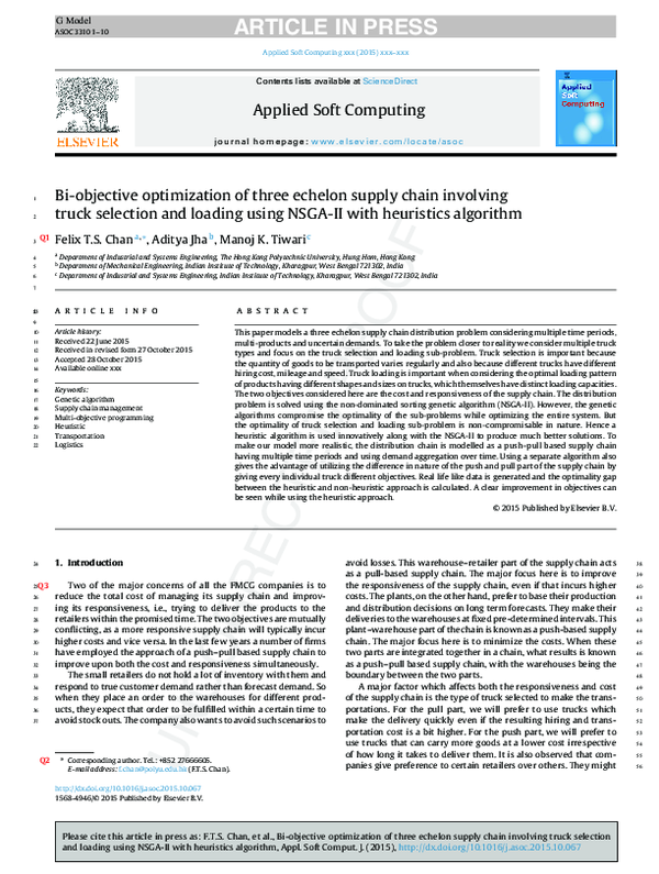 Pdf Bi Objective Optimization Of Three Echelon Supply Chain Involving Truck Selection And
