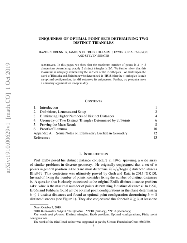 Pdf Uniqueness Of Optimal Point Sets Determining Two Distinct Triangles