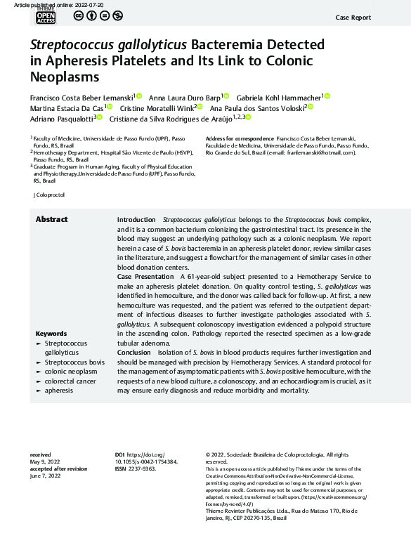 Pdf Streptococcus Gallolyticus Bacteremia Detected In Apheresis Platelets And Its Link To