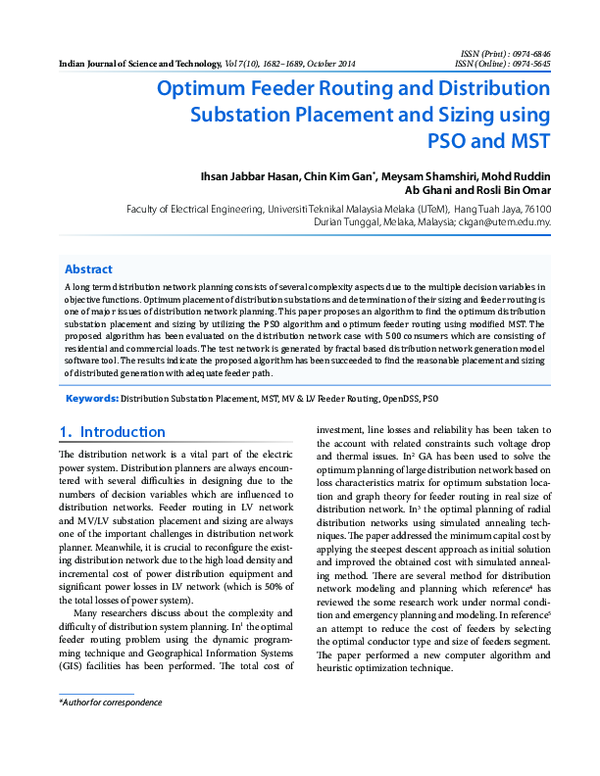 Pdf Optimum Feeder Routing And Distribution Substation Placement And Sizing Using Pso And Mst