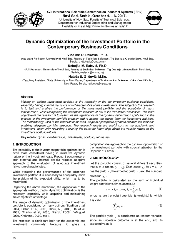 (PDF) Dynamic Optimization of the Investment Portfolio in the Contemporary Business Conditions