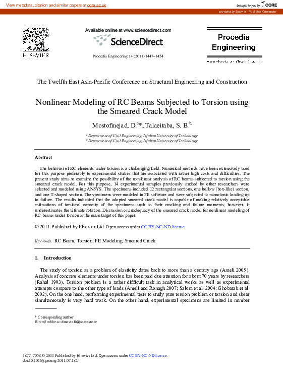 Pdf Nonlinear Modeling Of Rc Beams Subjected To Torsion Using The Smeared Crack Model