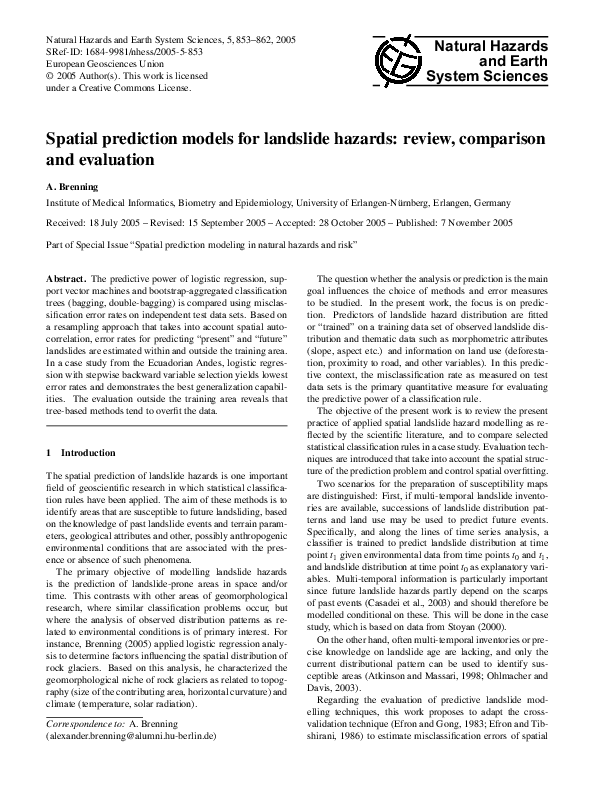 (PDF) Brenning, A. (2005): Spatial prediction models for landslide hazards: review, comparison ...