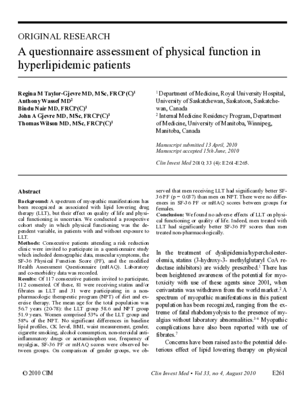 (PDF) A questionnaire assessment of physical function in hyperlipidemic ...