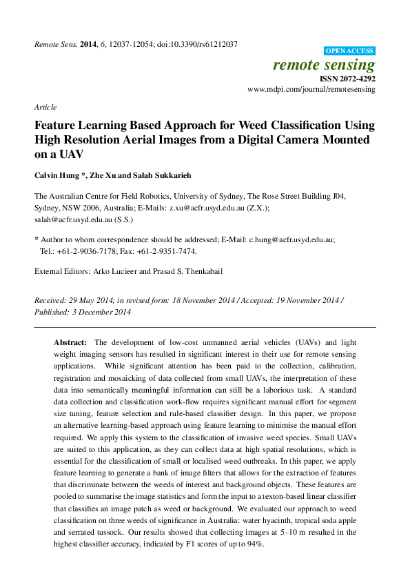 Pdf Feature Learning Based Approach For Weed Classification Using High Resolution Aerial