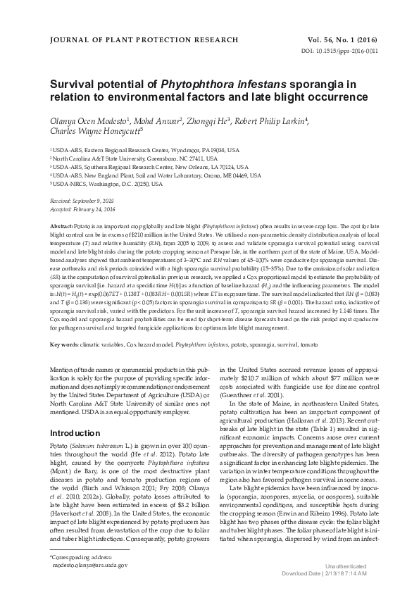 (PDF) Survival potential of Phytophthora infestans sporangia in ...
