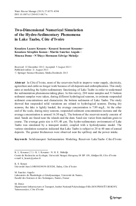 (PDF) Two-Dimensional Numerical Simulation of the Hydro-Sedimentary ...