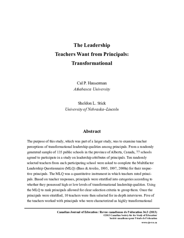 (PDF) The Leadership Teachers Want from Principals: Transformational