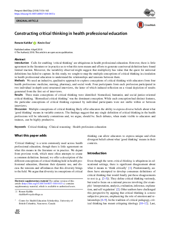(PDF) Constructing critical thinking in health professional education