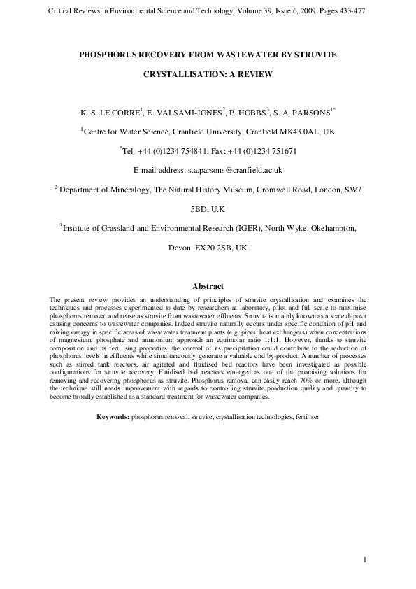 (PDF) Phosphorus Recovery from Wastewater by Struvite Crystallization ...
