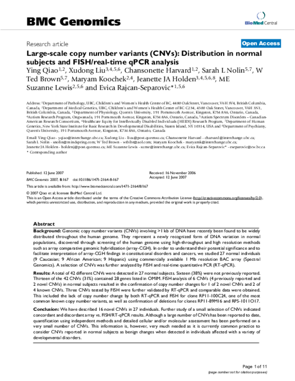 (PDF) Large-scale copy number variants (CNVs): Distribution in normal subjects and FISH/real ...