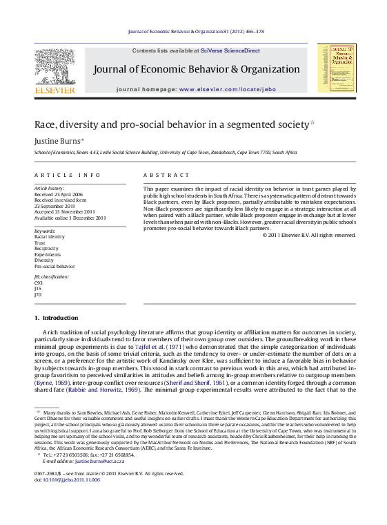 (PDF) Race, diversity and pro-social behavior in a segmented society
