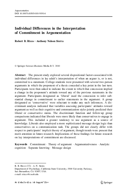 (PDF) Individual Differences in the Interpretation of Commitment in Argumentation