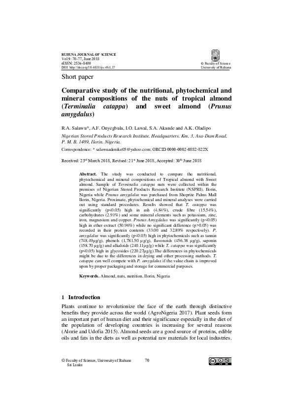 (PDF) Comparative study of the Nutritional, Phytochemical and Mineral Compositions of the nuts ...