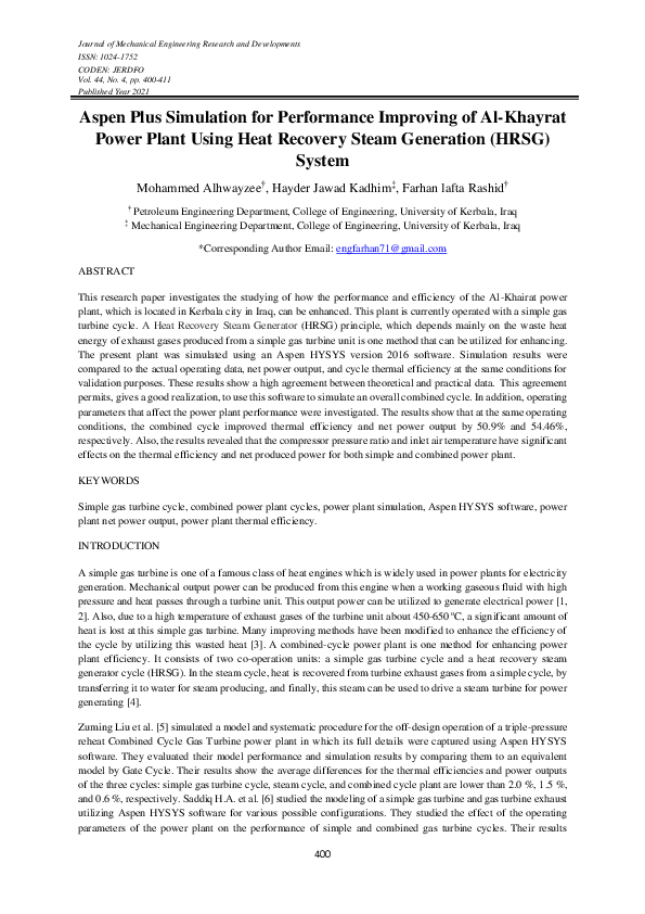 (PDF) Aspen Plus Simulation for Performance Improving of Al-Khayrat ...