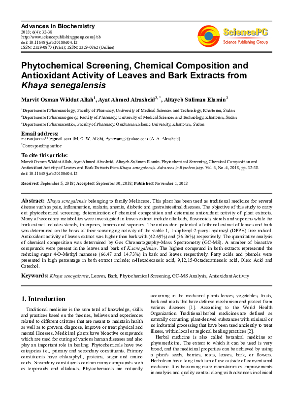 (PDF) Phytochemical Screening, Chemical Composition and Antioxidant Activity of Leaves and Bark ...