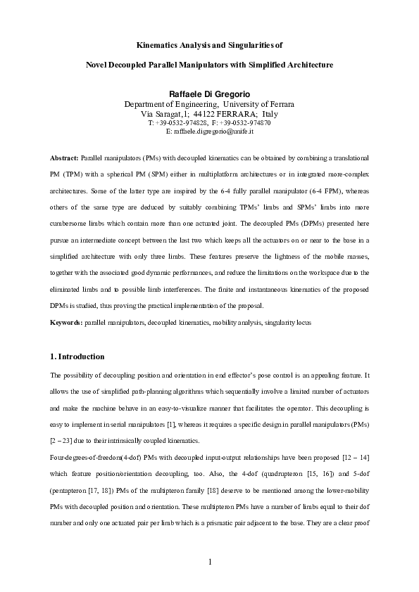 (PDF) Kinematics analysis and singularities of novel decoupled parallel manipulators with ...