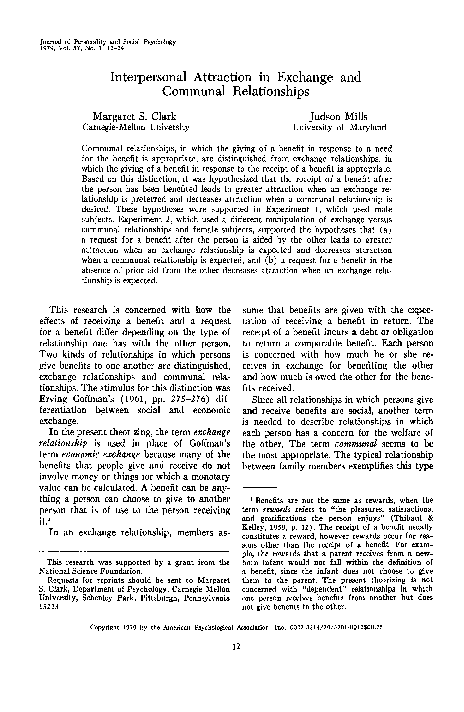 (PDF) Interpersonal attraction in exchange and communal relationships
