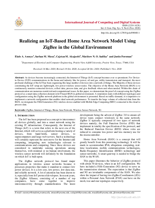 (PDF) Realizing an IoT-Based Home Area Network Model Using ZigBee in the Global Environment