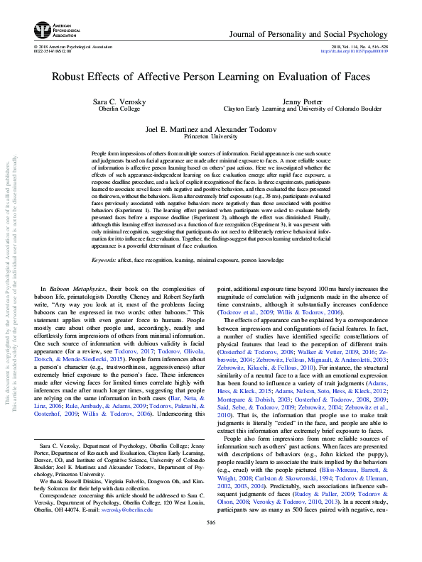(PDF) Robust effects of affective person learning on evaluation of faces