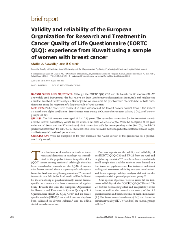 (PDF) Validity and reliability of the European Organization for Research and Treatment in Cancer ...