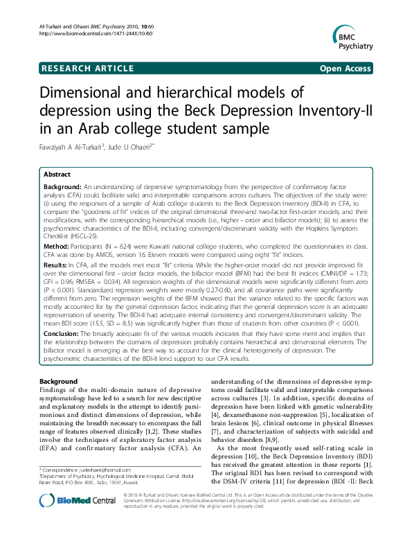 (PDF) Dimensional and hierarchical models of depression using the Beck ...