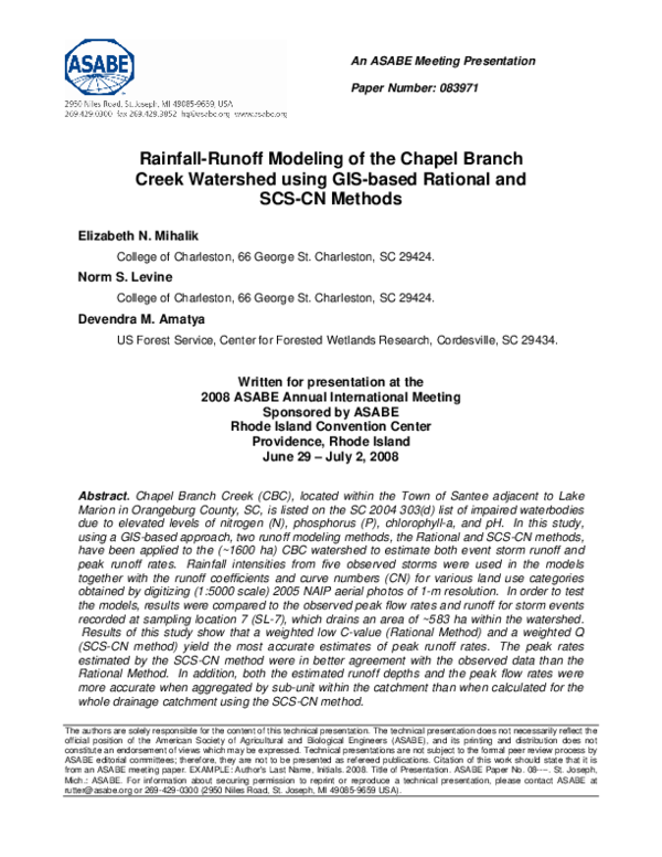 (PDF) Rainfall-Runoff Modeling of the Chapel Branch Creek Watershed ...