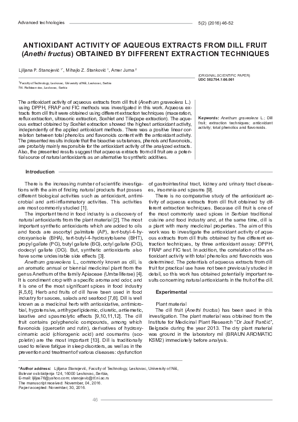(PDF) Antioxidant activity of aqueous extracts from dill fruit (Anethi fructus) obtained by ...