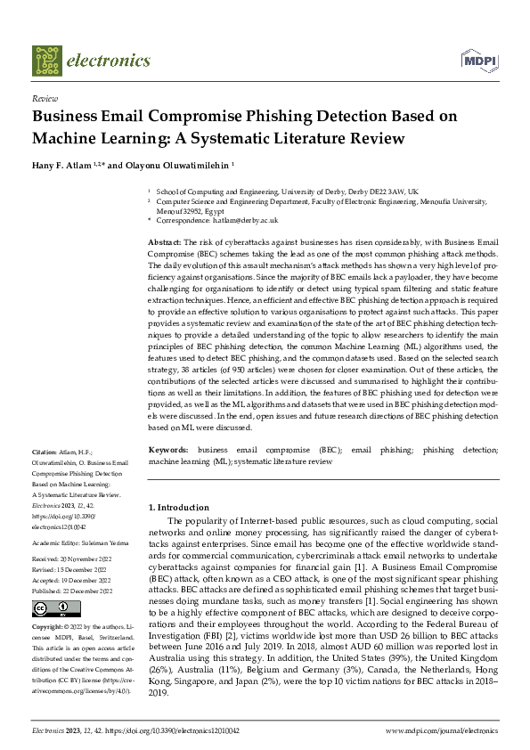 (PDF) Business Email Compromise Phishing Detection Based on Machine Learning: A Systematic ...