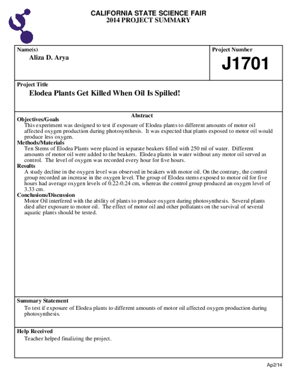 (PDF) Arya Elodea Plants Get Killed When Oil Is Spilled ! J 1701
